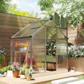 Outsunny hliníkový skleník 2,51 m² — 190 × 132 × 201 cm s pozinkovaným podstavcem, střešním větráním, posuvnými dveřmi, 4 mm UV-odolnými polykarbonát…
