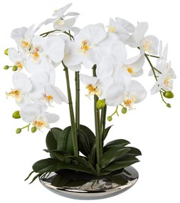 Gasper Umělá orchidej v keramické stříbrné misce, 41 cm, bílá