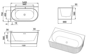 BPS-koupelny Volně stojící rohová akrylátová vana HYD-RIO504A levá 140x75 bílá, odtokový komplet bílý