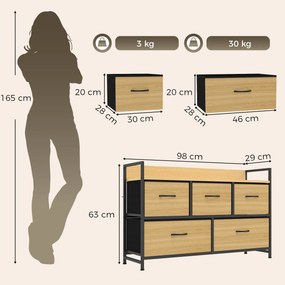 HOMCOM komoda se skládanými látkovými zásuvkami, dřevotříska s melaminem, ocelový rám, dub