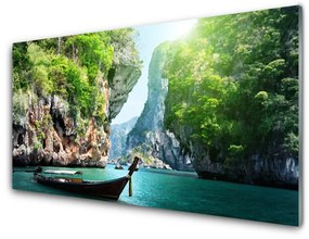 akrylový obraz Hora Voda Loďka Příroda 140x70 cm