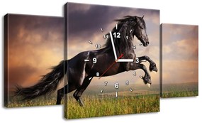Gario Obraz s hodinami Silný černý kůň - 3 dílný Rozměry: 80 x 40 cm
