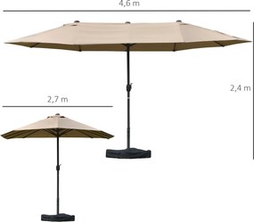 Outsunny Zahradní Parasol Dvojitý Obdélníkový 4,6L x 2,7W x 2,4H m s Kličkou pro Otevírání a Zavírání, S Písky a Základem, pro Balkon a Bazén, Khaki