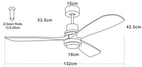 Zambelis 19140 stropní DC ventilátor s LED osvětlením, matně bílá, přírodní dřevo, ø132cm