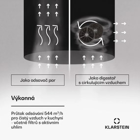 Klarstein Beretta Premium Smart, ostrůvková digestoř, 544 m³/h, aplikace, odsávání/recirkulace vzduchu, LED, filtr s aktivním uhlím
