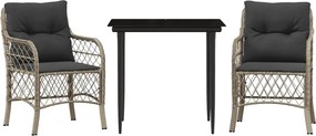 3dílný bistro set s poduškami světle šedý polyratan 3212166