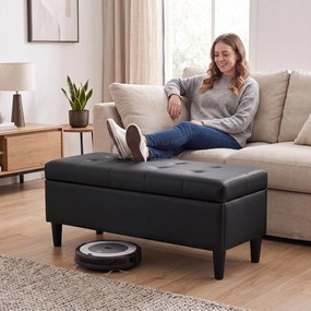 HOMCOM lavice s úložným prostorem 136L, velký úložný puf 110x41x42 cm, vhodný pro domácí mazlíčky, umělá kůže, černá