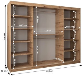 Skříň s posuvnými dveřmi v šířce 250 cm TIMEA 1 - dub artisan