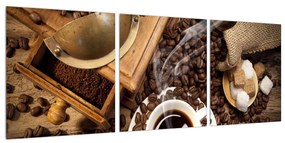 Obraz šálku kávy a kávových zrn (90x30 cm)