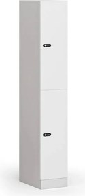 Šatní skříňka S1 s úložnými boxy, 2 boxy, 1850 x 300 x 500 mm, demont, mechanický kódový zámek, laminované dveře, bílá