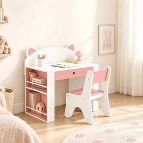 AIYAPLAY dětský stůl se židlí 2dílná dětská sezení s knihovnou a zásuvkou, design liška pro děti 3-8 let, bílo+růžové