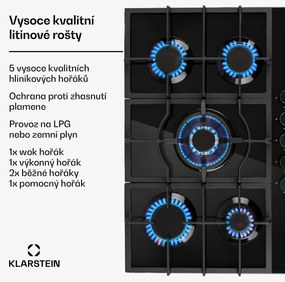 Klarstein Ignito 5, plynová varná deska, 5 hořáků Sabaf, sklokeramika, černá