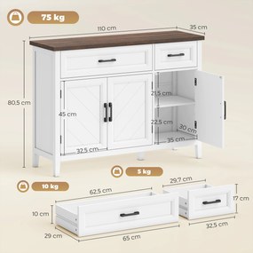 HOMCOM Komoda, úložný prostor s 3 dveřmi ve tvaru V, 2 zásuvky a 2 nastavitelné police, 110 x 35 x 80,5 cm, Bílá