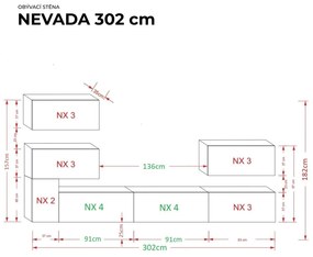Ral Obývací stěna NEVADA 6, 302 cm - Bílo/černý lesk
