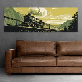 Obraz na plátně - Parní vlak v krajině zeleno-žlutý FeelHappy.cz Velikost obrazu: 240 x 80 cm