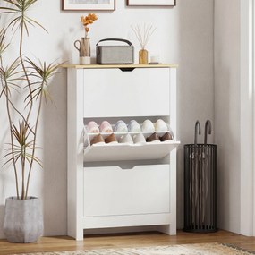 HOMCOM skříňka na boty výklopný botník 3 klapky na 18 párů bot prostorově úsporná v bílé a přírodní barvě 72 x 26 x 112 cm do předsíně a vstupních pr…