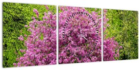 Obraz rozkvetlého stromu na louce (s hodinami) (90x30 cm)