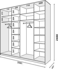Skříň 4D 2500x600x2400, 3 DTD + 1 zrcadlo, bílá