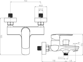 Mereo, Mereo Vanová nástěnná baterie, Pego, 150 mm, s keramickým přepínačem, bez příslušenství, chrom, MER-CB90104P