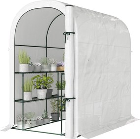 Outsunny zahradní skleník s policemi, 123 x 187 x 189 cm – rolovací dveře, kryt z PE 140 g/m², prodloužený lem 10 cm, bílý | Aosom