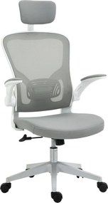Ergonomická kancelářská židle Vinsetto s funkcí houpání, vysokým opěradlem, bederní oporou, opěrkou hlavy a skládacími područkami, šedá 65 x 64 x 114-