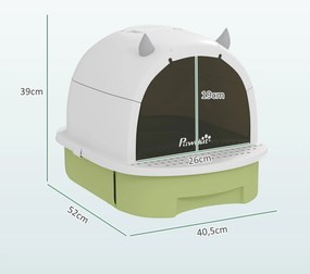 PawHut Krytá Kočičí Toaletní Miska s Odnímatelným Víkem a Šuplíkem pro Snadné Čištění s Uhlíkovým Filtr a Rukojetí 40,5x52x39 cm Bílá a Zelená