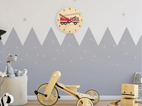 M.Clock Nástěnné dětské dřevěné hodiny hasičské auto 30cm bříza