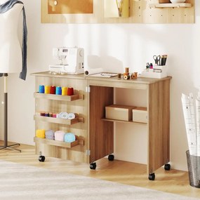 Costway Pojízdný skládací šicí stolek s úložnými boxy, přírodní