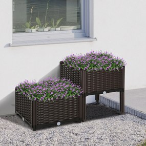Vyvýšený záhon Outsunny, květináč s drenážními otvory, květinová box v ratanovém vzhledu, plast, hnědá, 40 x 44 cm