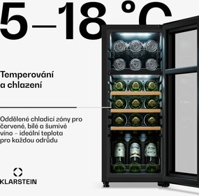 Klarstein Bovella 18 Duo+, vinotéka, 50 l, 18 lahví, 2 zóny, skleněné dveře