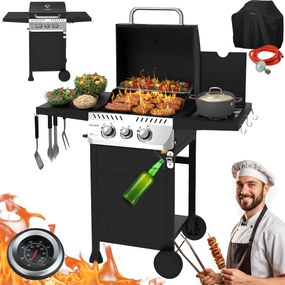 BPS-koupelny Plynový BBQ gril s boční plotýnkou, poličkou a krycí plachtou - , 2+1 hořák