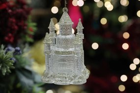 Ledově bílá vánoční ozdoba zámek LED 11cm