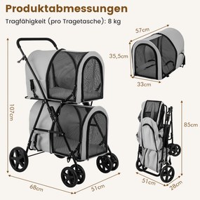 Costway 2 Řadový kočárek pro psy do 16 kg psí kočárek se síťovanými okny držák