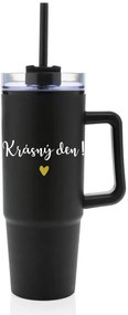 KRÁSNÝ DEN - černý cestovní termohrnek s průhledným víčkem 900 ml