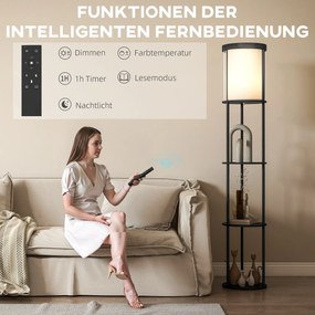 HOMCOM Stojací lampa s 3 policemi, kulatý design, dálkové ovládání, nožní spínač, nastavitelná teplota světla, pro obývací pokoj, černá