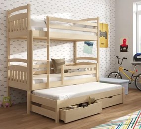 MAXMAX Dětská patrová postel z masivu borovice ALDA s přistýlkou a šuplíky - 200x90 cm - přírodní