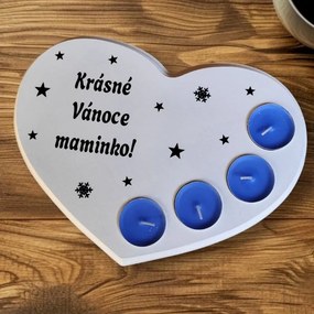 Dřevěný vánoční svícen srdce Krásné Vánoce modré svíčky