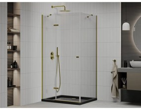 Mexen Roma sprchový kout s otočnými dveřmi 120 x 80 cm, Průhledné, Zlatá + sprchová vanička Flat, Černá - 854-120-080-50-00-4070