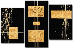 Obraz Abstrakce (3-dílný) - zlaté geometrické tvary na černém pozadí