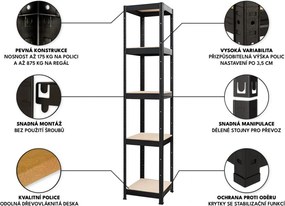 Regál 180x40x40 cm lakovaný 5-policový, nosnost 875 kg - černý