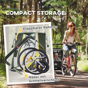 HOMCOM Dětský cyklistický přívěs 2 v 1 s odpružením, síťované dveře, přední kolo otočné o 360°, brzda, žlutá+černá, 142x75x101cm