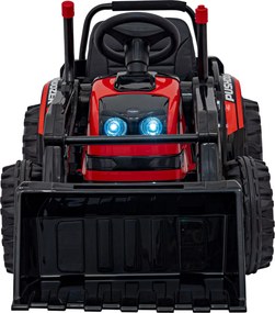 Ramiz Dětský bagr-traktor na baterie červený + pohyblivé rameno s lžící + dálkové ovládání + pomalý start + FM rádio + LED