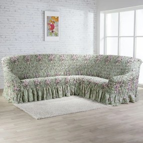 Napínací potahy s volánem FIORELA zelená křeslo (š. 60 - 110 cm)