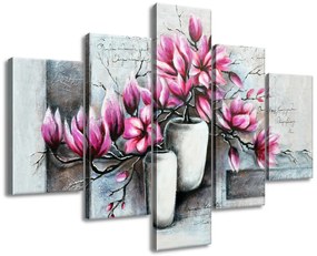 Gario Ručně malovaný obraz Růžové magnolie ve váze - 5 dílný Rozměry: 150 x 105 cm