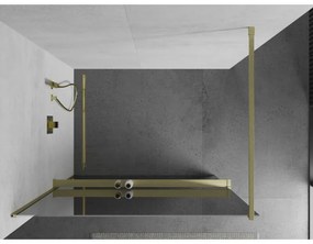 Mexen Kioto+, sprchová zástěna Walk-In s poličkou a věšákem 110 x 200 cm, 8mm sklo vzor zrcadlo, zlatý matný profil, 800-110-121-55-50
