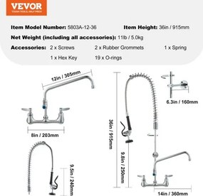 Komerční baterie s oplachovacím rozprašovačem, 91,4 cm výška, 20,3 cm střed, 30,5 cm
