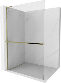 Mexen Kioto+ L, sprchová zástěna Walk-In s poličkou a věšákem 85 x 200 cm, 8mm čiré sklo, zlatý lesklý profil, 800-085-123-50-00