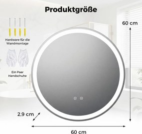 Costway 60 cm kulaté LED osvětlené zrcadlo koupelnové zrcadlo s nastavitelným