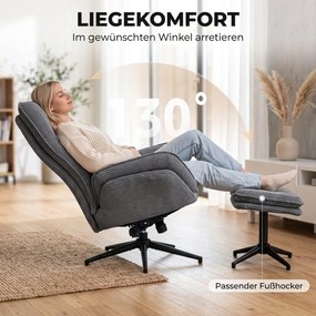 HOMCOM Relaxační křeslo s 130° funkcí ležení, televizní křeslo s podnožkou a ocelovým rámem, šedé