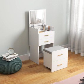 HOMCOM 3-v-1 Toaletní Stolek se Židlí - Toaletní Stolek s Zrcadlem, Zásuvkami a Skleněnou Deskou - Moderní Toaletní Stolek do Ložnice 48x40x90 cm Bílý